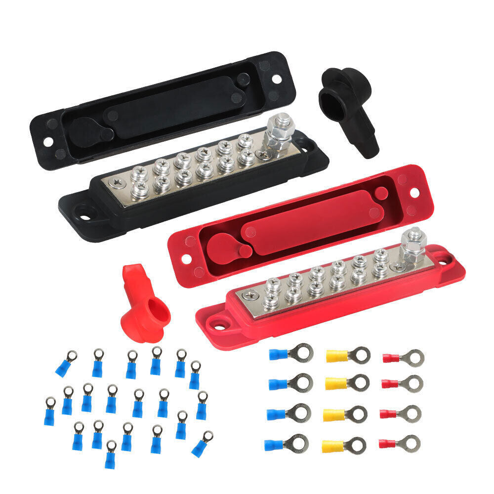 Black & Red Pair 12 Point Busbar Bus Bar Power Distribution Block 180A — DURAFORCE