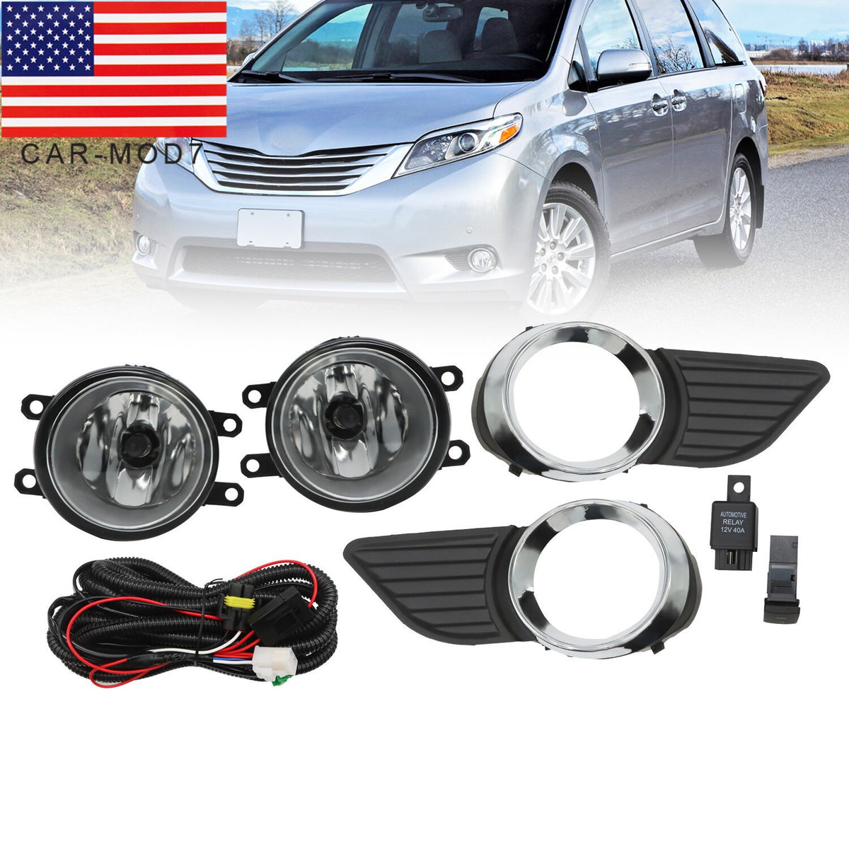 Toyota Sienna 2011-2017 Bumper Fog Lights Kit with Covers & Switch Wir ...